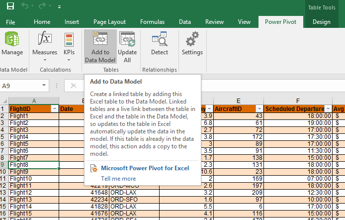 The PowerPivot table is then displayed in a separate window.